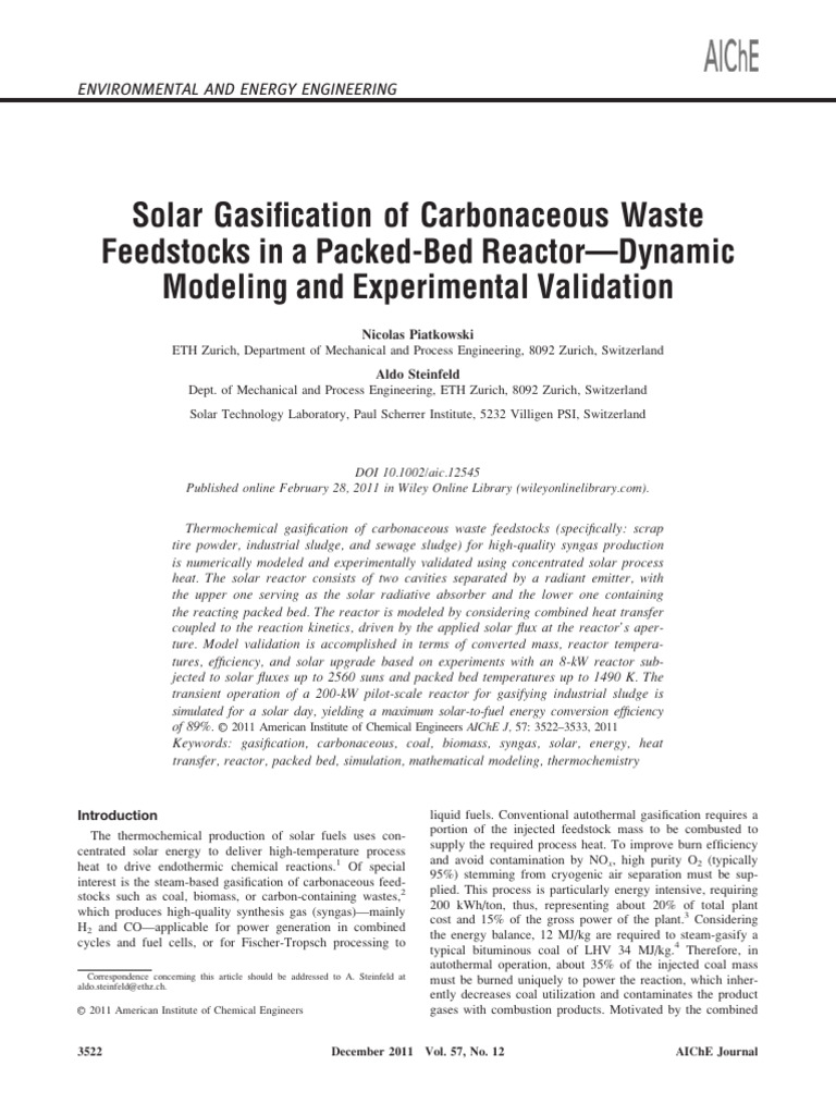 AIChE Journal - 2011 - Piatkowski - Solar Gasification of Carbonaceous Waste Feedstocks in A ...