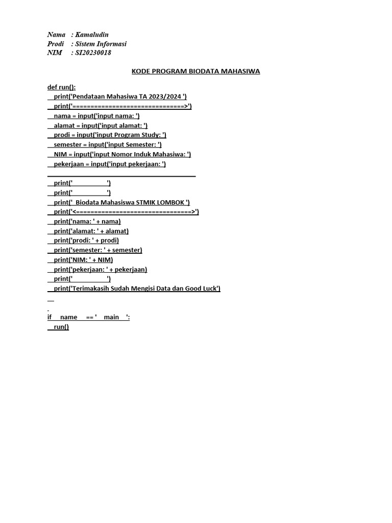 Program Biodata Mahasiswa | PDF