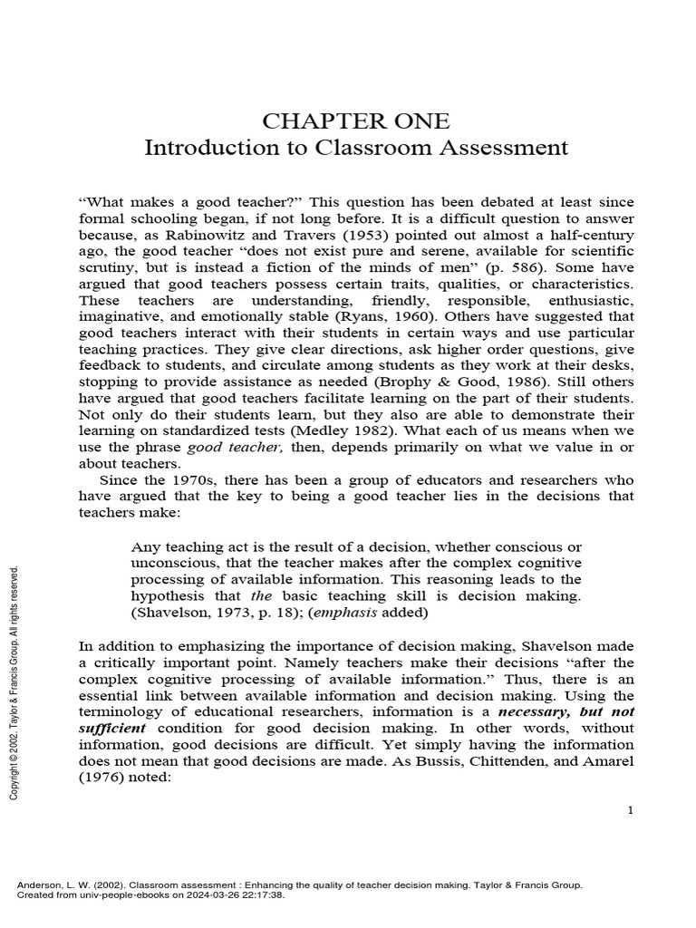 Classroom Assessment Enhancing The Quality of Teac... - (CHAPTER ONE ...