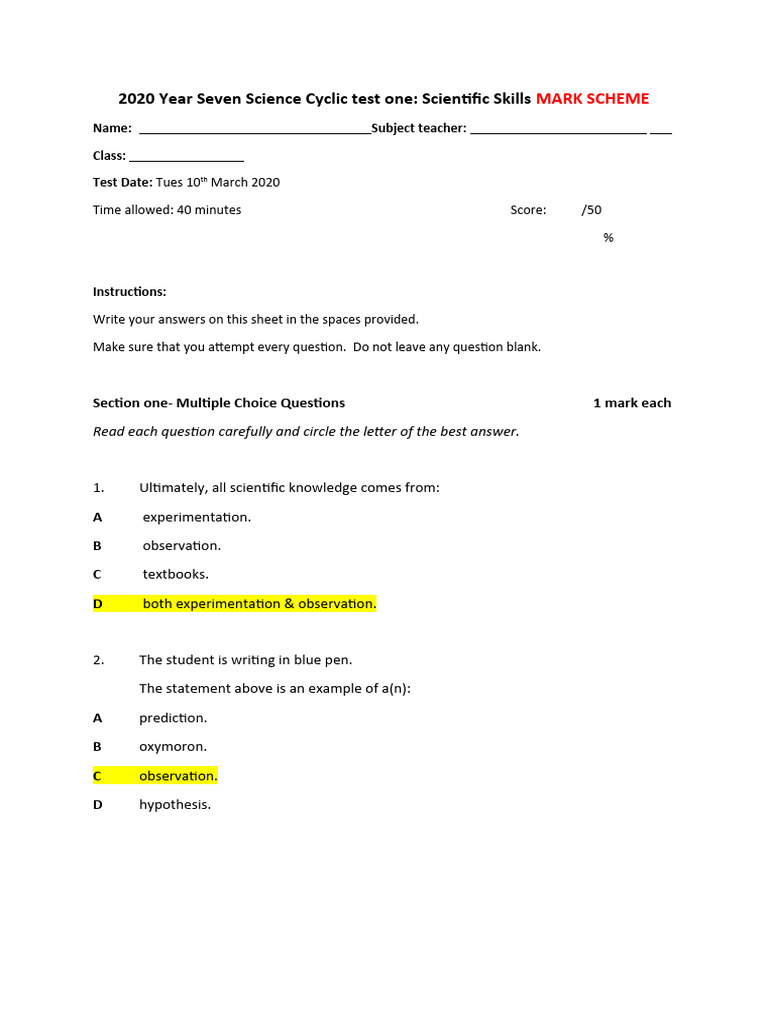 2020 Year 7 Science Cyclic Test One - Scientific Skills MARK SCHEME ...