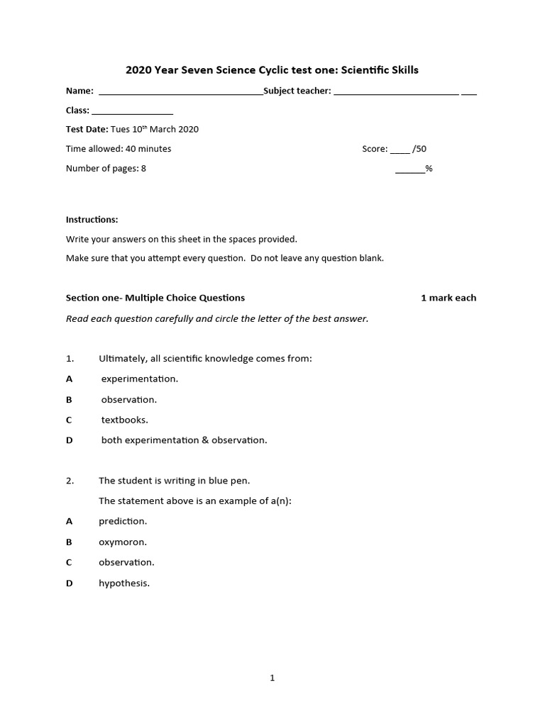 2020 Year 7 Science Cyclic Test One - Scientific Skills | PDF ...