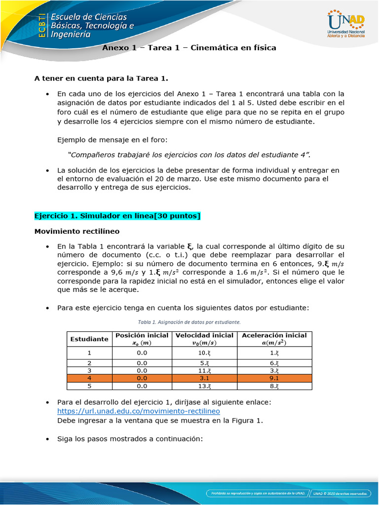 Anexo 1 - Tarea 1 Ejercicios Cinemática Juan Camilo Echeverri | PDF | Cinemática | Velocidad