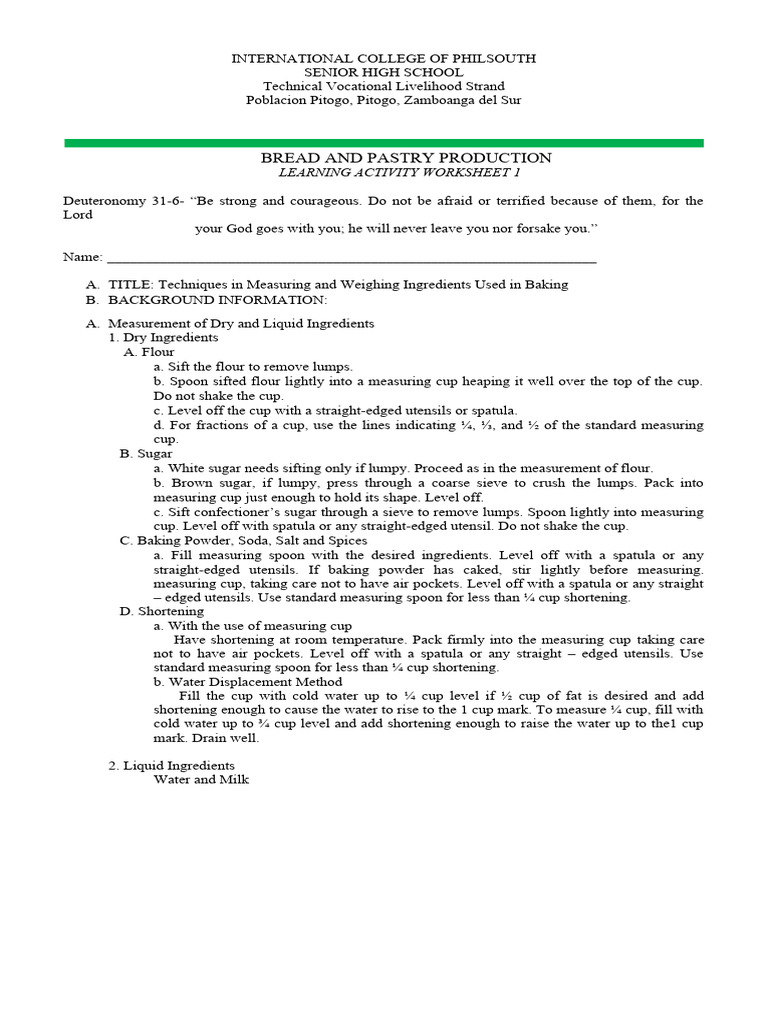 Bread and Pastry Production: Learning Activity Worksheet 1 | PDF | Gallon | Teaspoon
