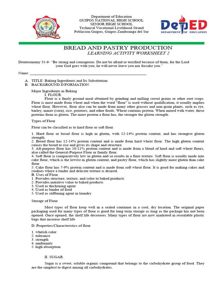 Bread and Pastry Production: Learning Activity Worksheet 2 | PDF | Flour | Breads