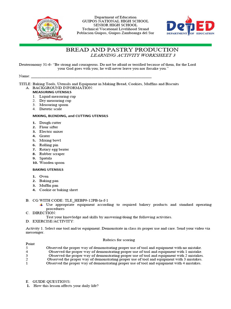 Bread and Pastry Production: Learning Activity Worksheet 3 | PDF ...