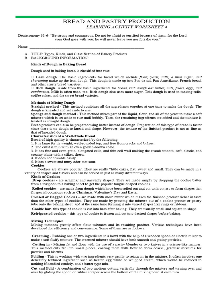 Bread and Pastry Production: Learning Activity Worksheet 4 | Download ...