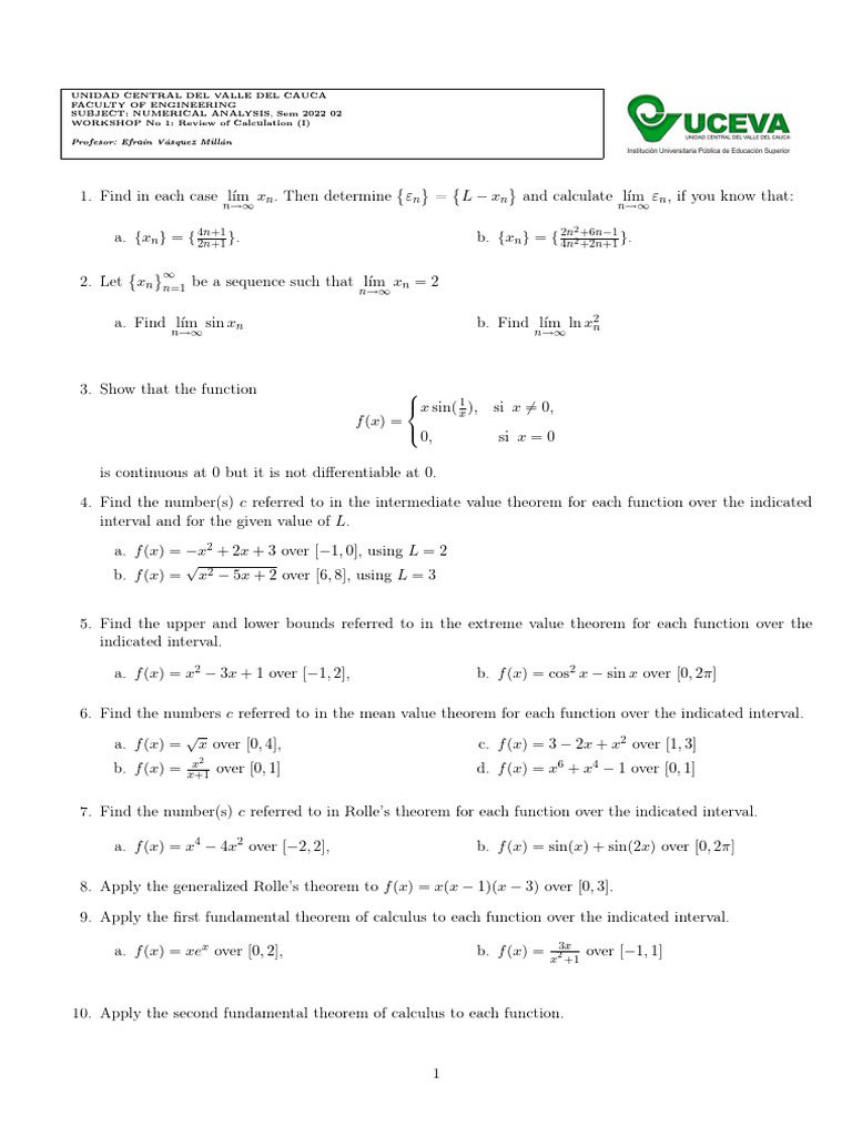 TALLER N°1 Preliminares - RepasoCalculo (I) 2022 02 UC | PDF | Function (Mathematics ...