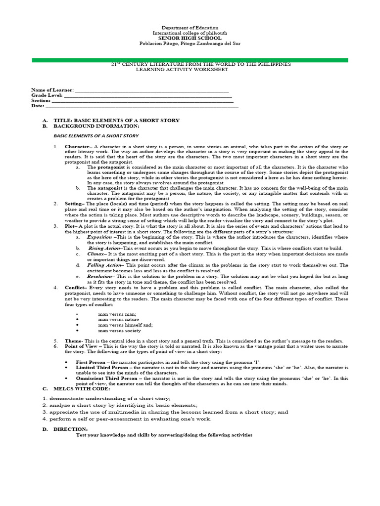 21ST Century Worksheet | PDF | Narration | Plot (Narrative)
