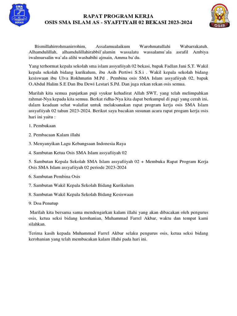 Teks MC Rapat Program Kerja OSIS | PDF | Agama & Spiritualitas
