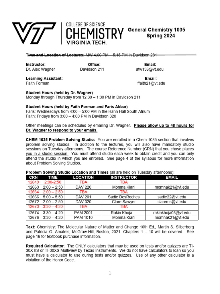 Chem 1035 Course Overview Spring 2024 | PDF | Textbook | Learning