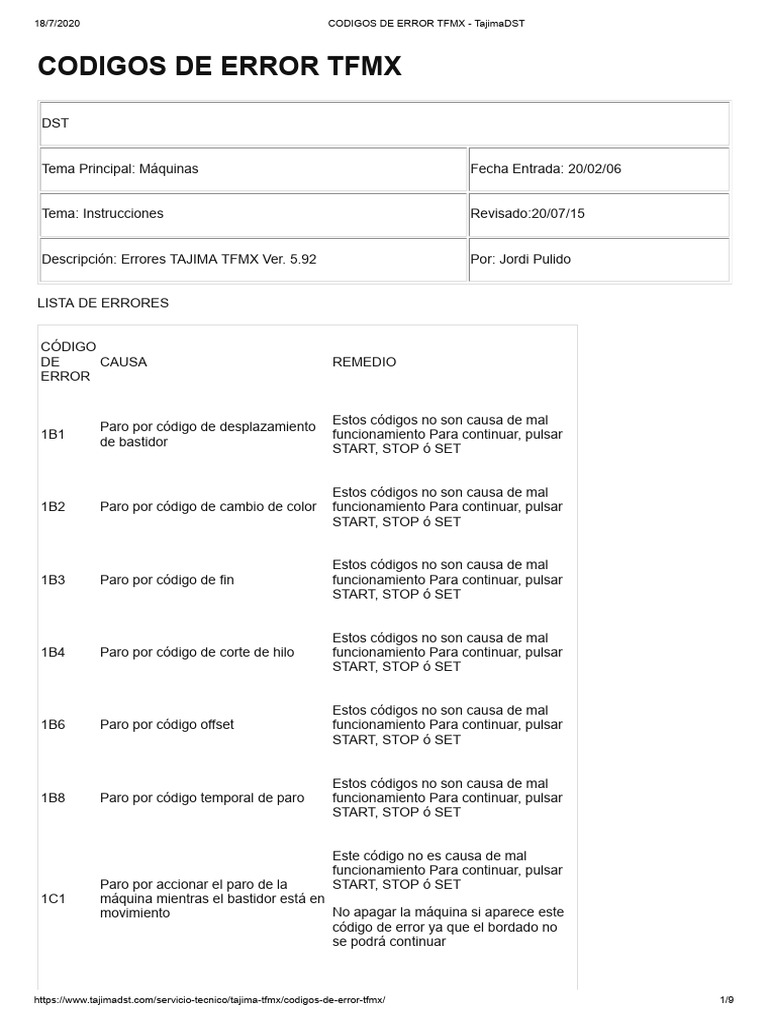 Códigos de Error en Bordadoras Tajima | PDF | Almacenamiento de datos ...