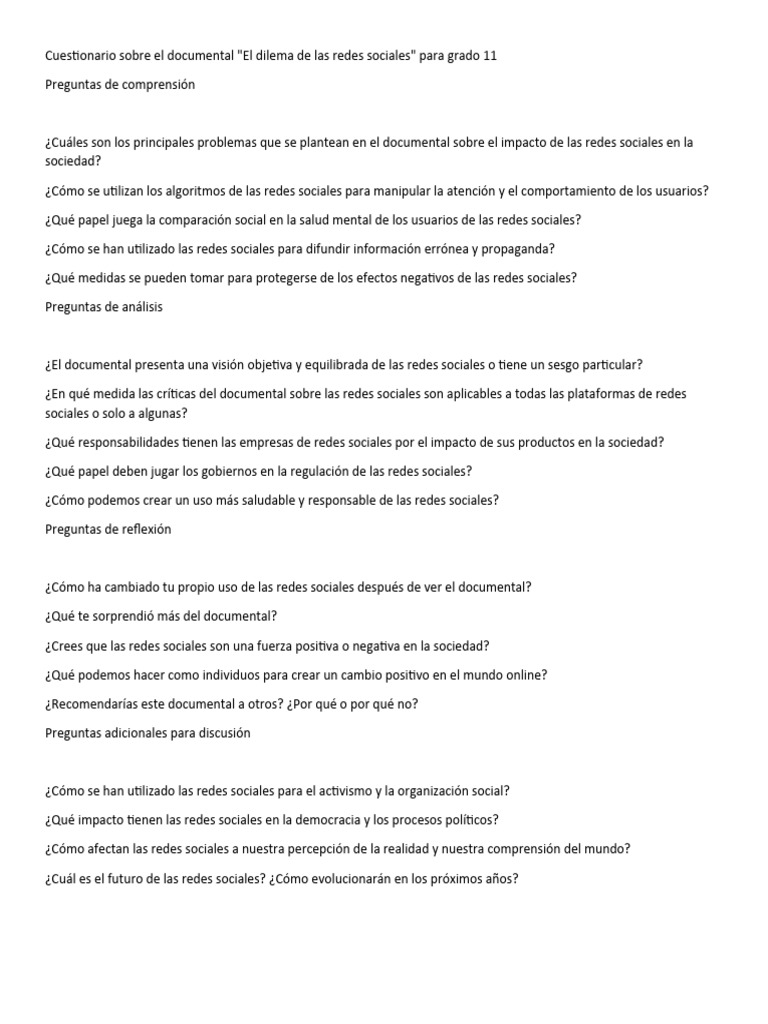 Cuestionario Redes Sociales | PDF
