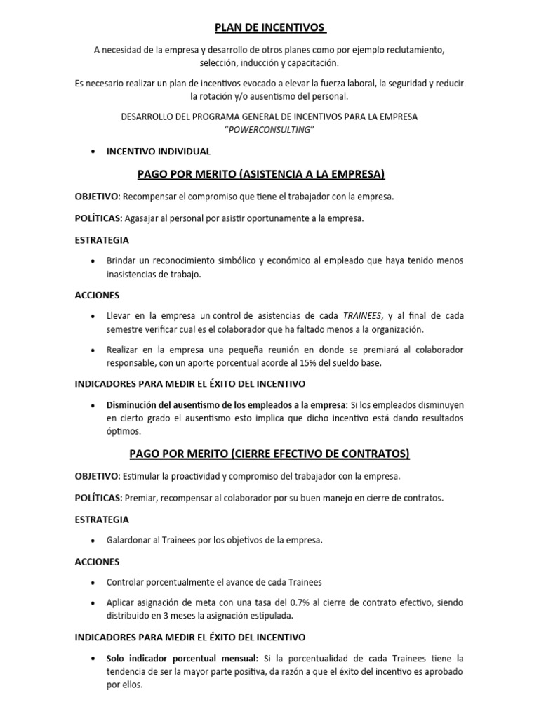 Plan de Incentivos y Beneficios Sociales Respuesta Actn3 | PDF | Business | Salario