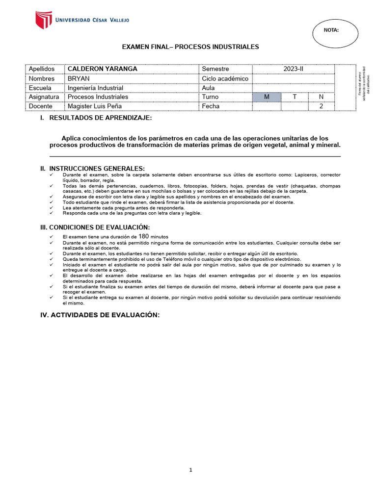 I Examen Final Procesos Industriales 2023 2 (B.c.y) | PDF | Destilación | Catálisis