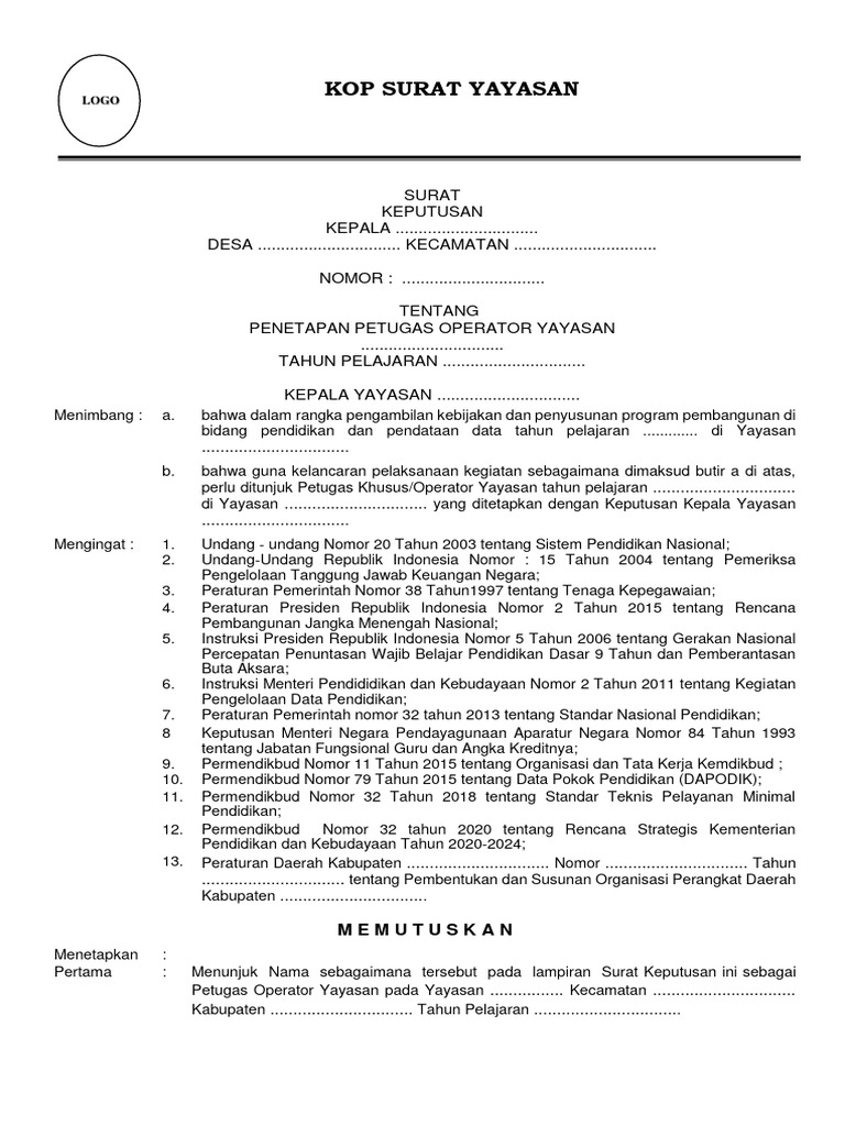 Contoh Format SK OPERATOR YAYASAN PENDIDIKAN (KEMENDIKBUD) TAHUN 2024 | PDF