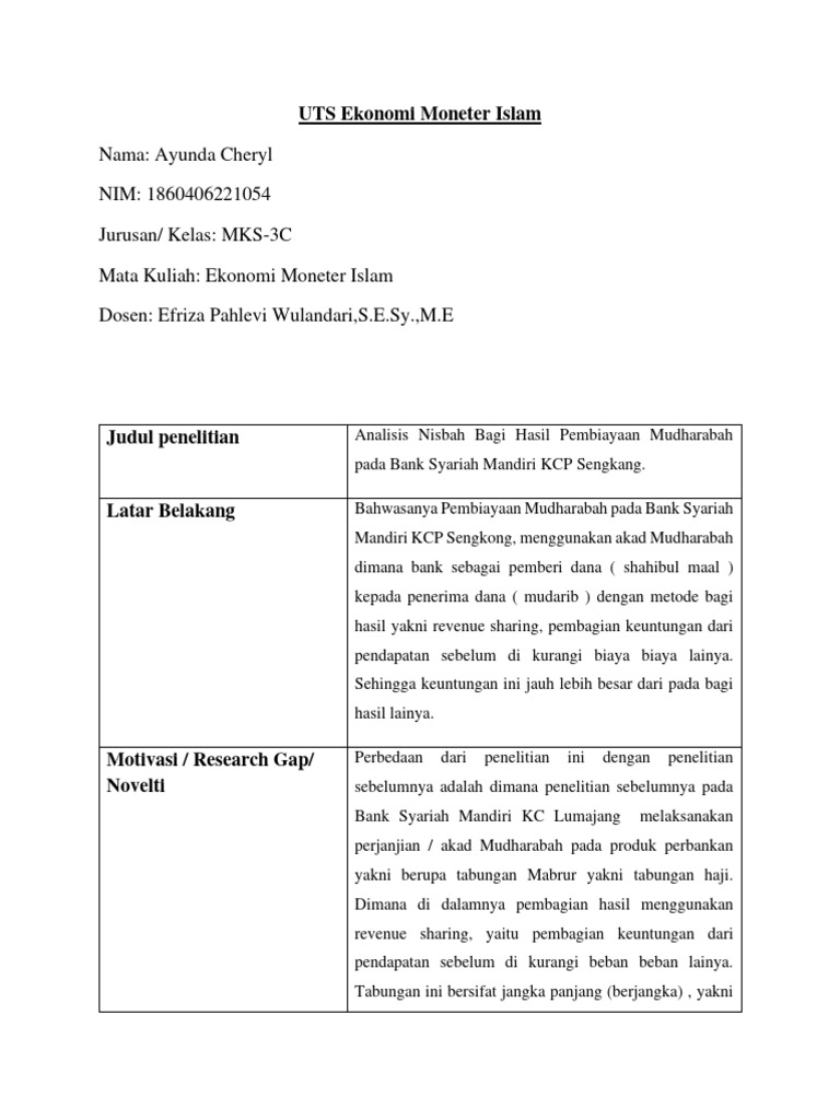 Analisis Nisbah Bagi Hasil Pembiayaan Mudharabah Pada Bank Syariah Mandiri KCP Sengkang | PDF