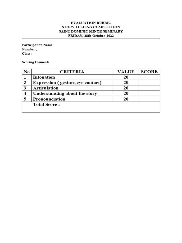 Storytelling Competition Evaluation Rubric | PDF