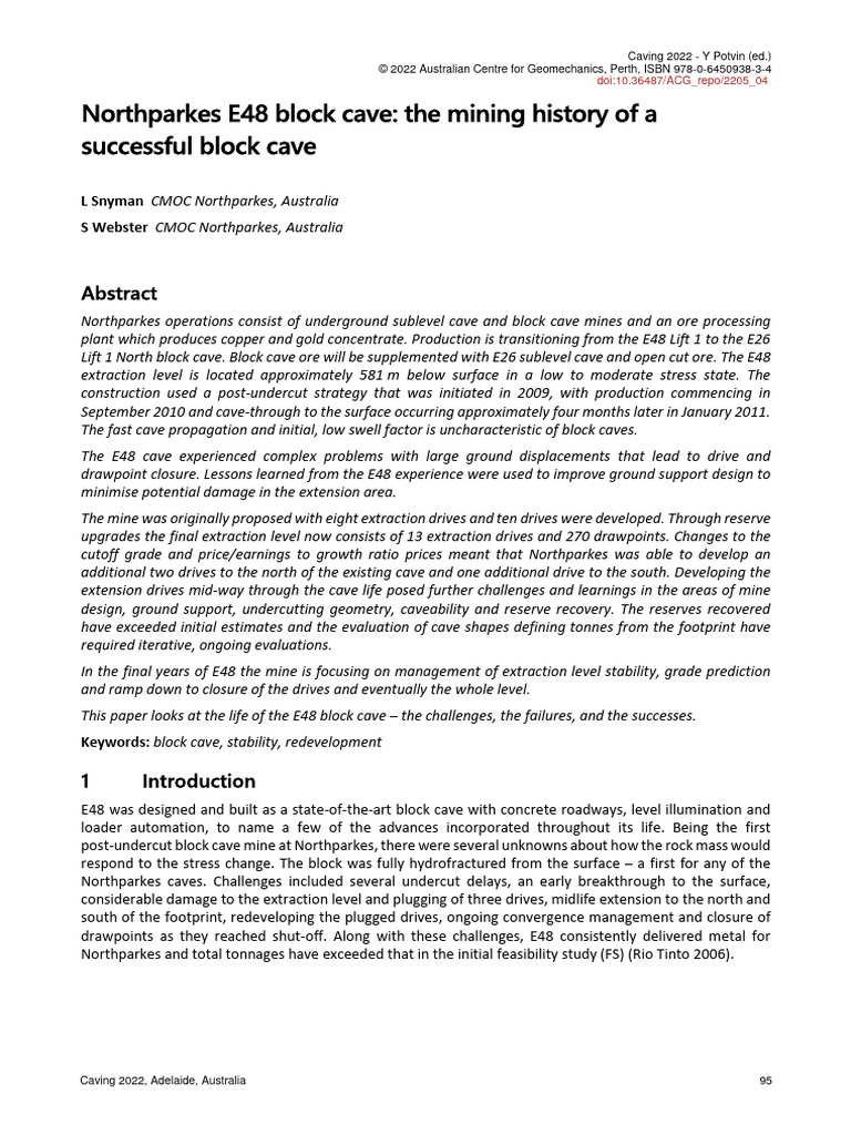 Northparkes E48 Block Cave: The Mining History of A Successful Block ...