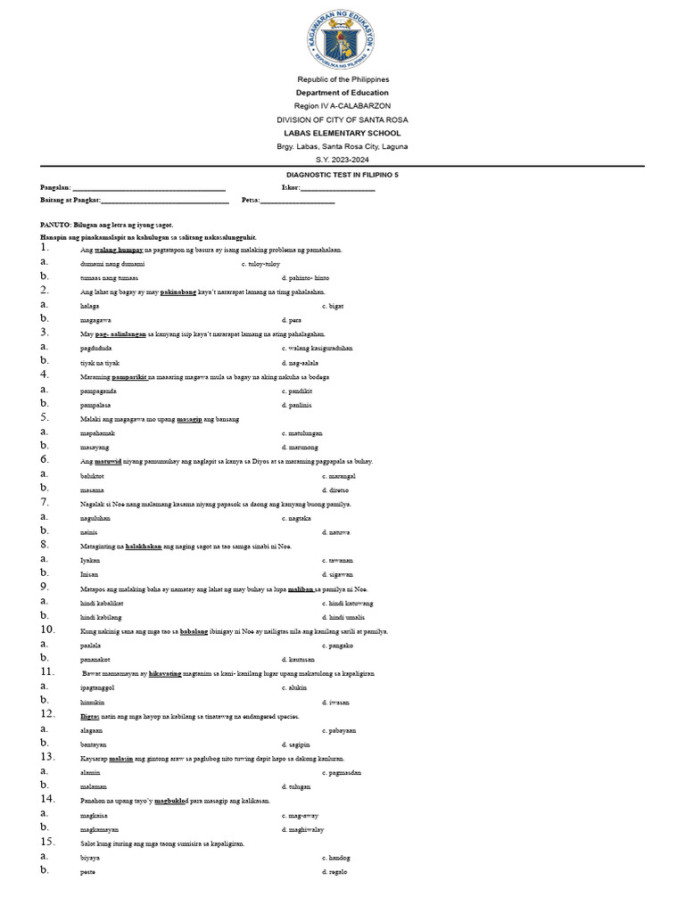 Diagnostic Test in Filipino 5 | PDF