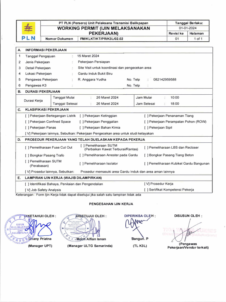 (PLN Approved) 26-27.03.2024 - Work Permit (PT Tiga Wijaya Sukses) | PDF