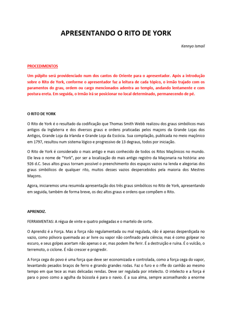 Introdução ao Rito de York Maçônico | PDF | Loja Maçônica | Maçonaria