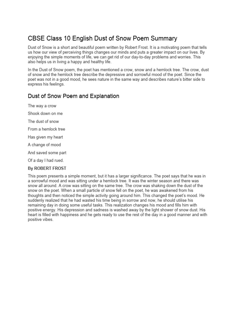 CBSE Class 10 English Dust of Snow Poem Summary | PDF | Poetry