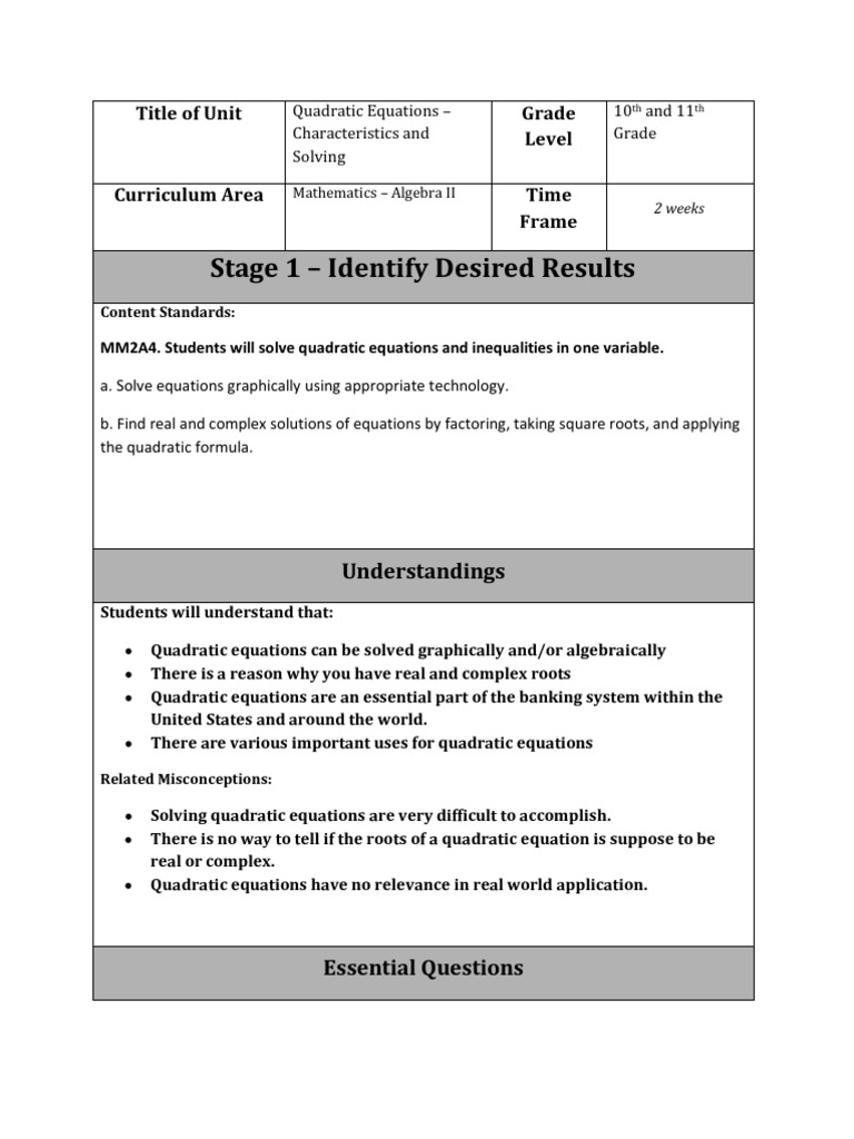 Quadratic Equations Lesson Plan | PDF | Quadratic Equation | Equations
