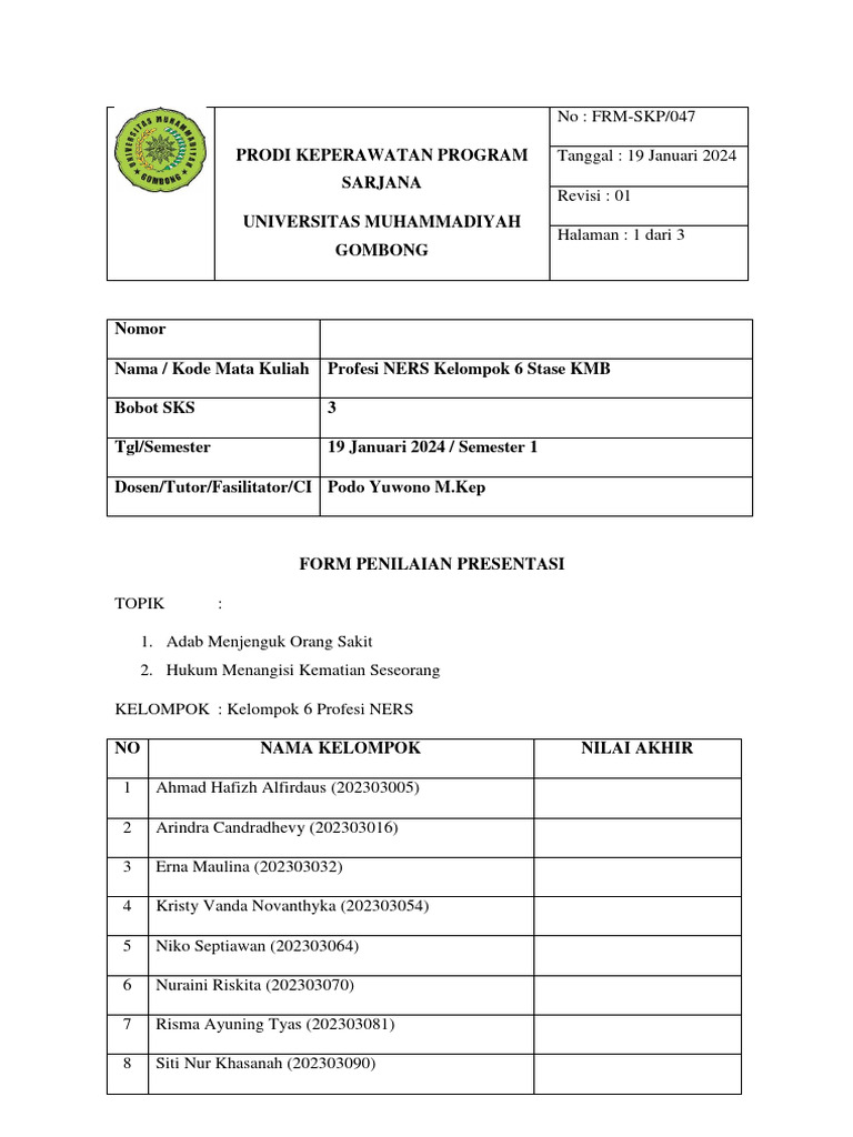 Penilaian Presentasi Profesi NERS | PDF