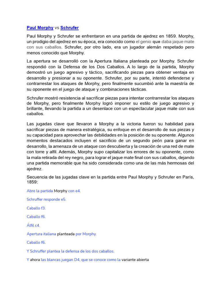Paul Morphy Vs Schrufer | PDF | Aperturas de ajedrez | Ajedrez