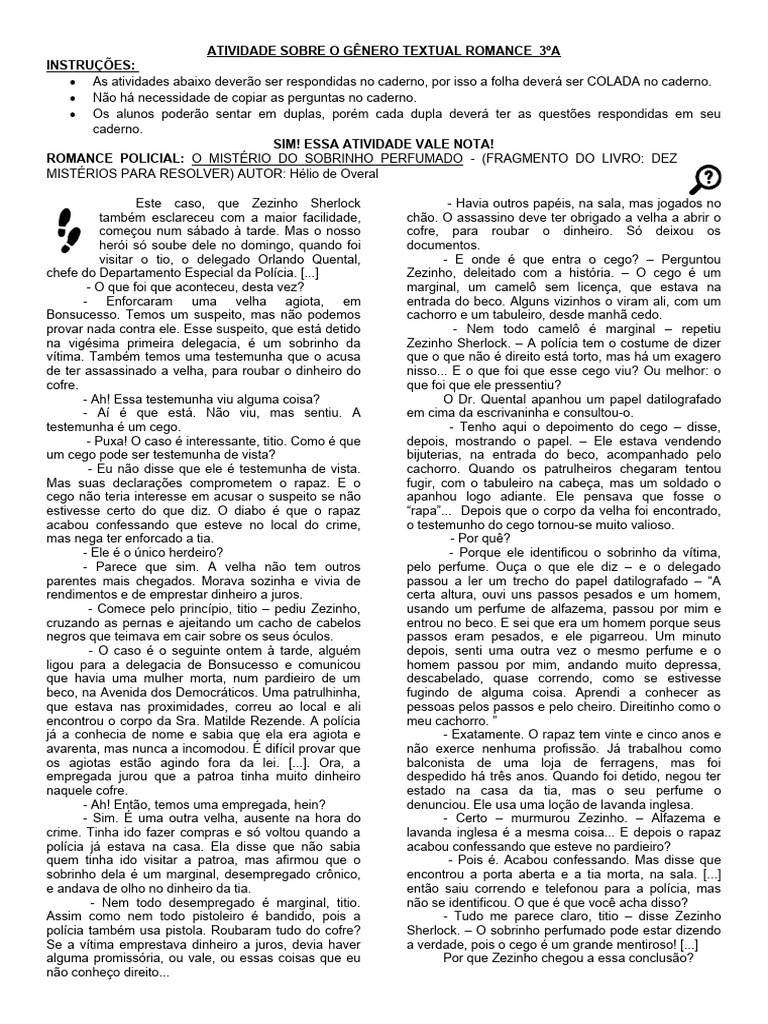 Atividade Sobre o Gênero Textual Romance 9ºc | PDF | Sherlock Holmes