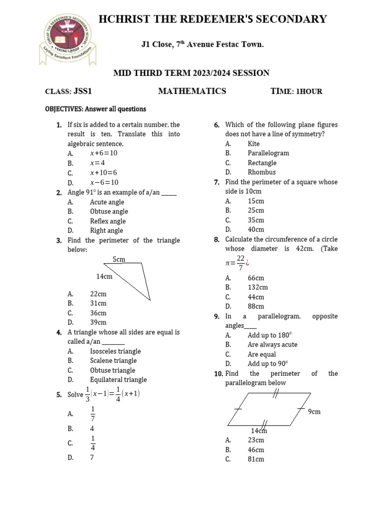 JSS1 3RD Mid Term 2024 | PDF | Triangle | Circle