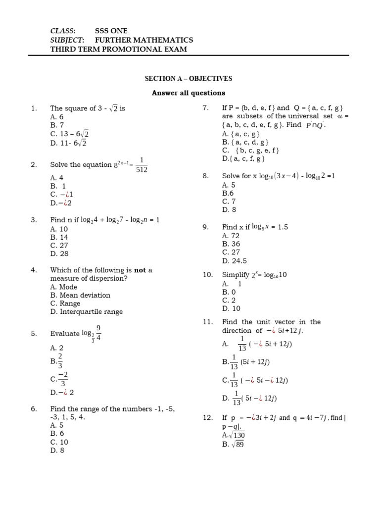 SS1 Third Term Fmaths Exam 2024 | PDF | Algebra | Mathematical Objects SS1 Third Term Fmaths Exam 2024 | PDF | Algebra | Mathematical Objects
