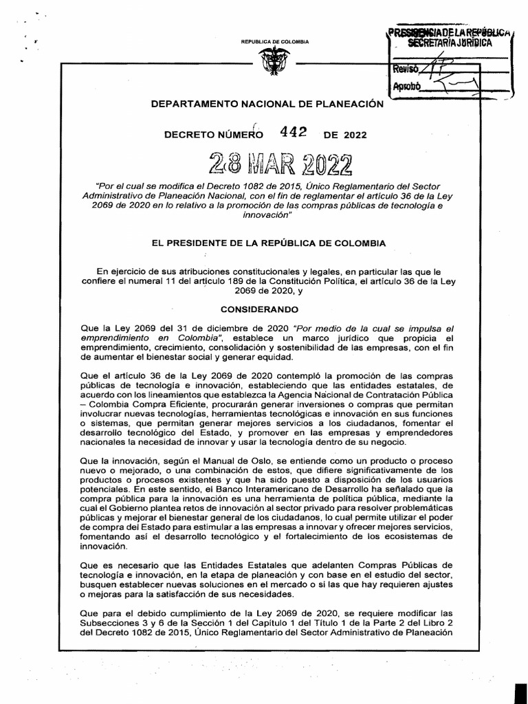 Decreto 442 Del 28 de Marzo de 2022 | PDF | Innovación | Iniciativa empresarial