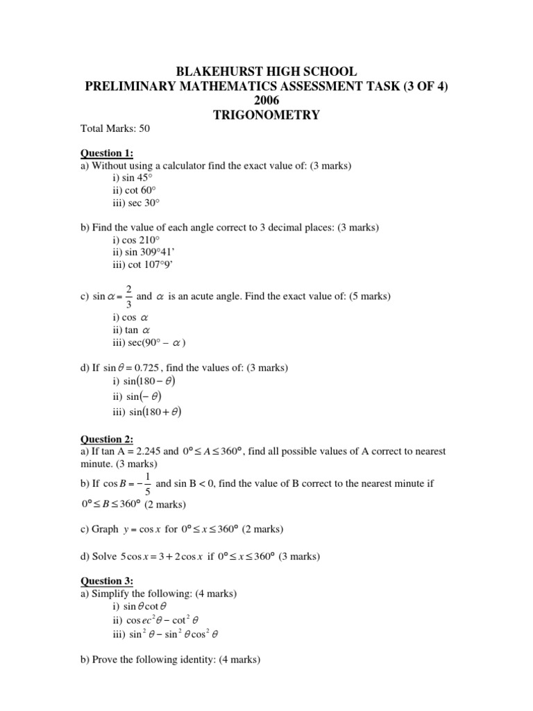 2006 - Mathematics Trigonometry Test | PDF | Sine | Trigonometric Functions