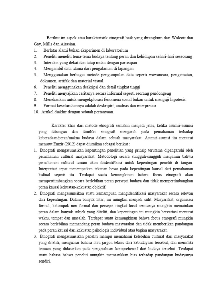 Karakteristik dan Asumsi Etnografi | PDF | Ilmu Sosial | Seni ...