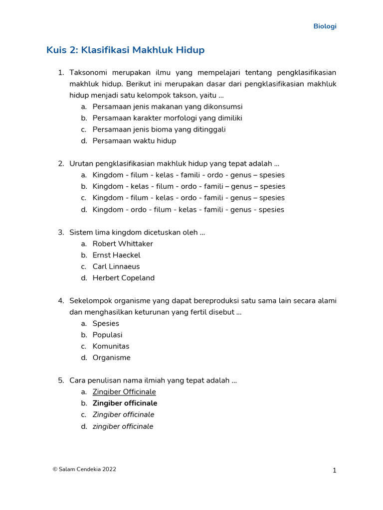 Biologi Kuis 2 Klasifikasi Makhluk Hidup | PDF
