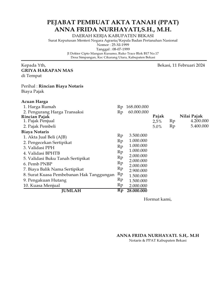 Rincian Biaya Notaris | PDF