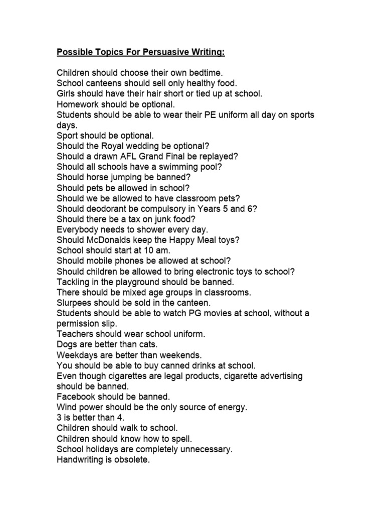 Persuasive Writing Topics for Students | PDF | Cooking, Food & Wine ...