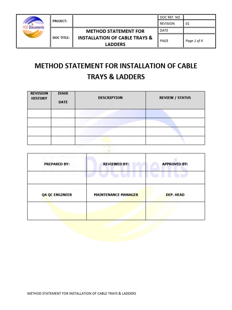 Method Statement For Installation of Cable Trays & Ladders | PDF ...
