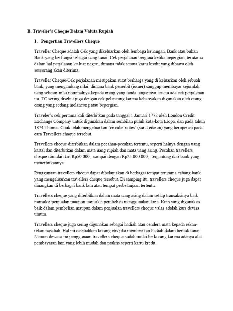 Pengertian dan Fungsi Traveller Cheque | PDF