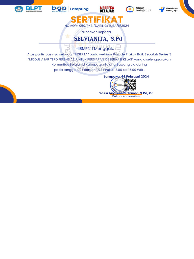 Sertifikat Bebalah 3 2024 Selvi | PDF