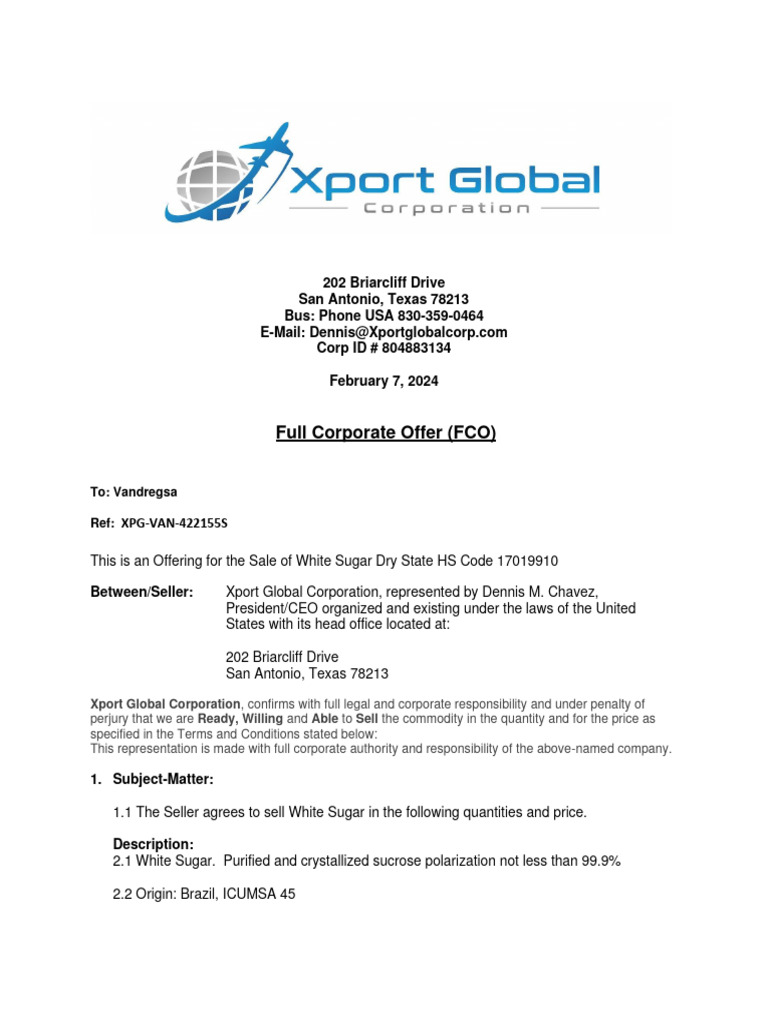 FCO Sugar Miami Vandregsa 25.000 MT | PDF | Letter Of Credit | Business
