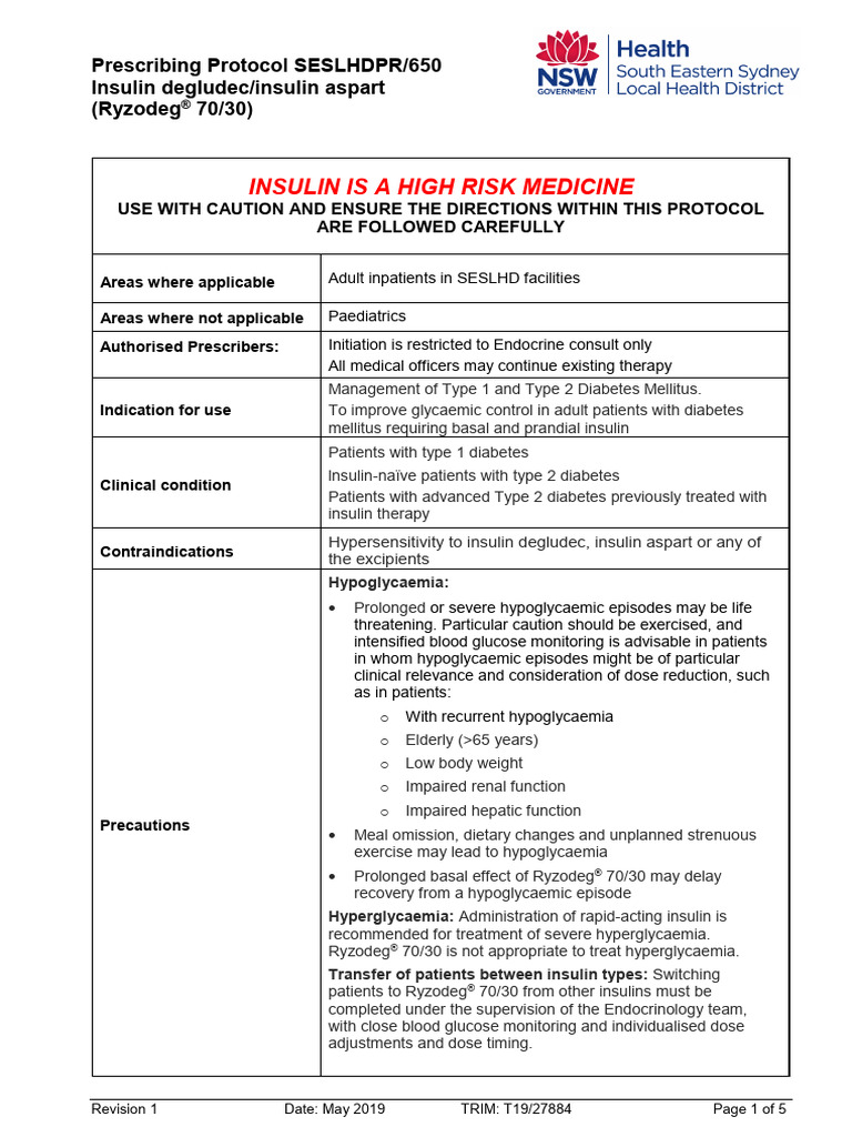 Insulin Degludec Insulin Aspart (Ryzodeg 70 30) Prescribing Protocol ...