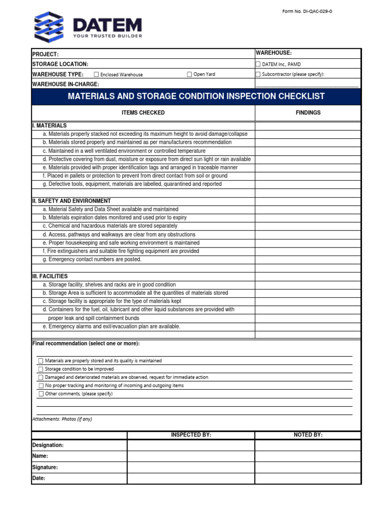 Materials and Storage Condition Checklist | PDF | Warehouse | Safety