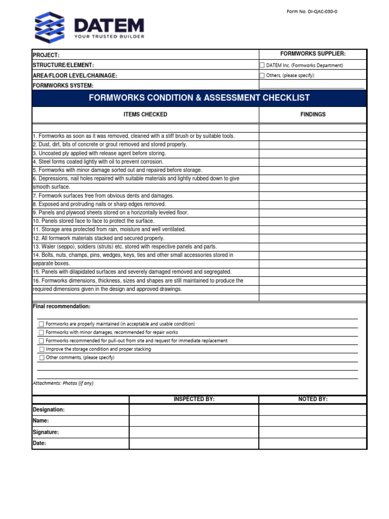 Formworks Condition & Assessment Checklist | PDF | Plywood | Secondary ...