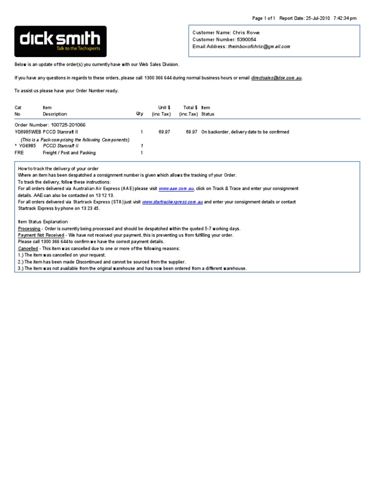 Order Update for Chris Rowe | PDF