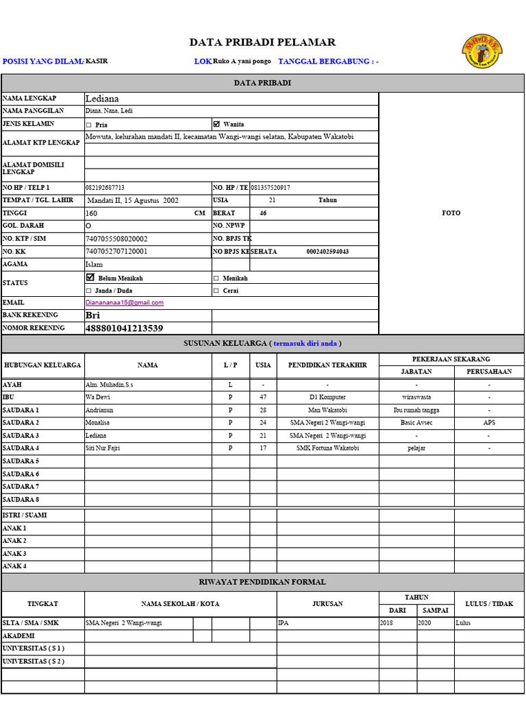 Form Data Pelamar 310723 | PDF
