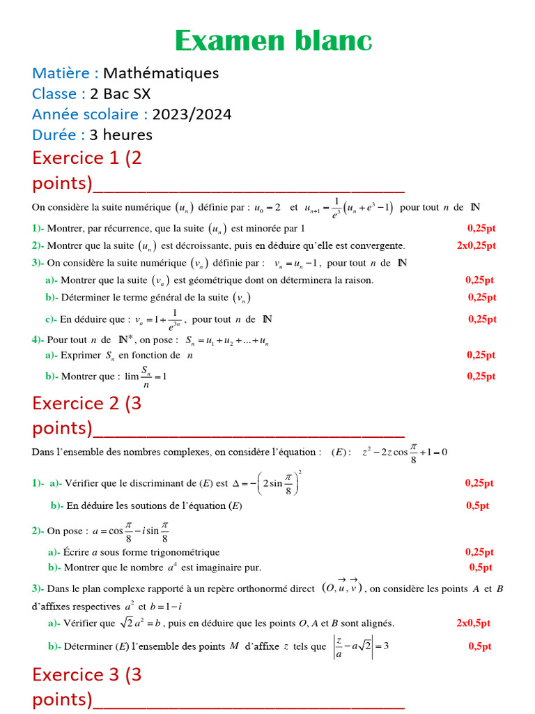 Examen Blanc Math 2 Bac PC 2025 | PDF | Droite (mathématiques) | Nombre ...