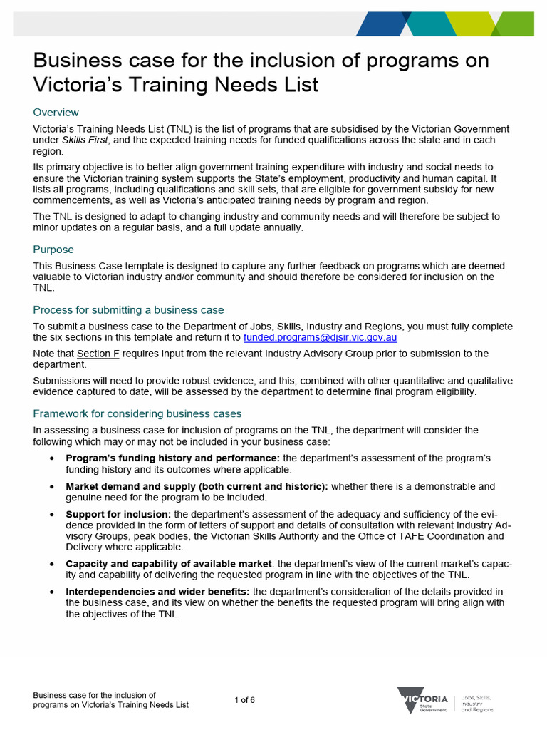Training Needs List Business Case Template | PDF | Subsidy | Employment