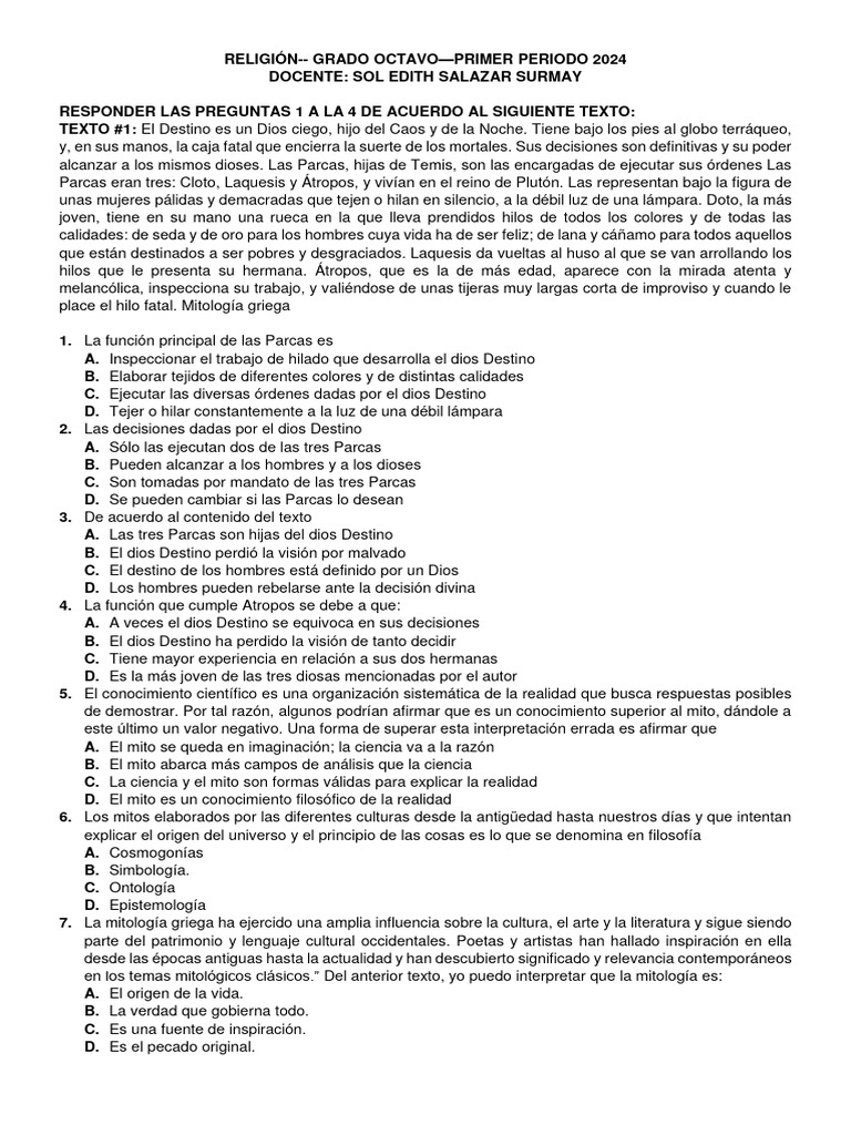 1° - PERIODO RELIGIÓN GRADO Octavo | PDF | Medusa | Conocimiento